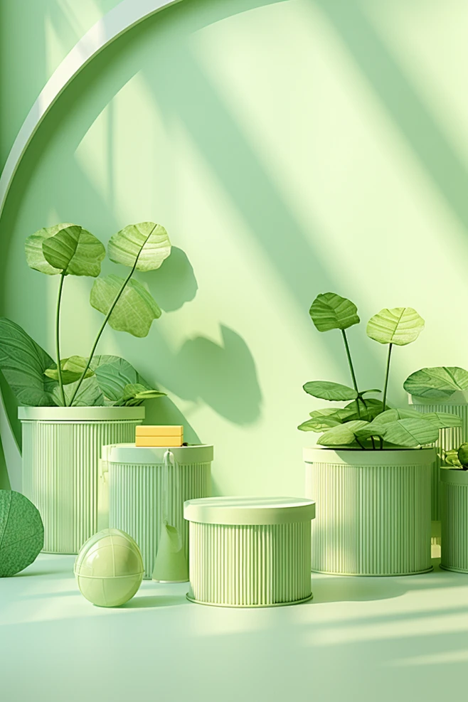 3d visualization green objects and plants on a table, in the style of ...