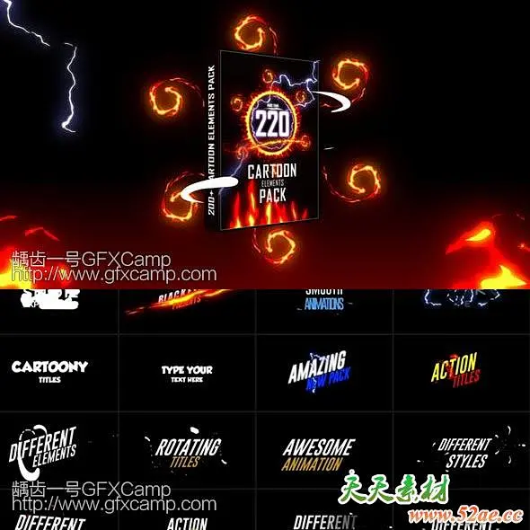 220+-Cartoon-Elements-Pack AE模板-220组卡通漫画火焰水流能量流体图形文字动画 二维卡通手绘能量电流火焰烟雾线条液体MG动画元素 Cartoon Elements ...