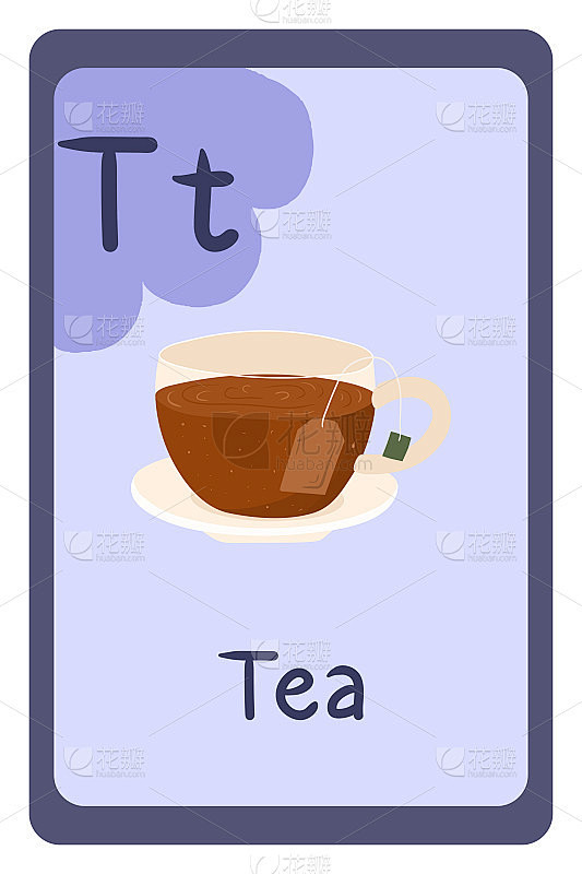 Colorful abc education flash card, Letter T - tea,
