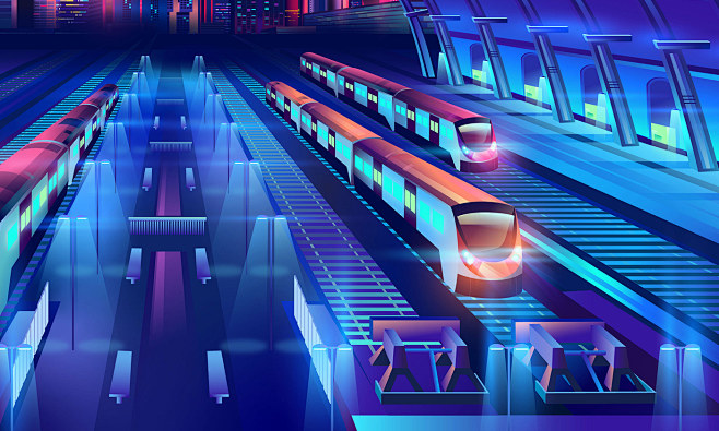 vector ILLUSTRATION neon city vaporwave night train Illustrator craft ...