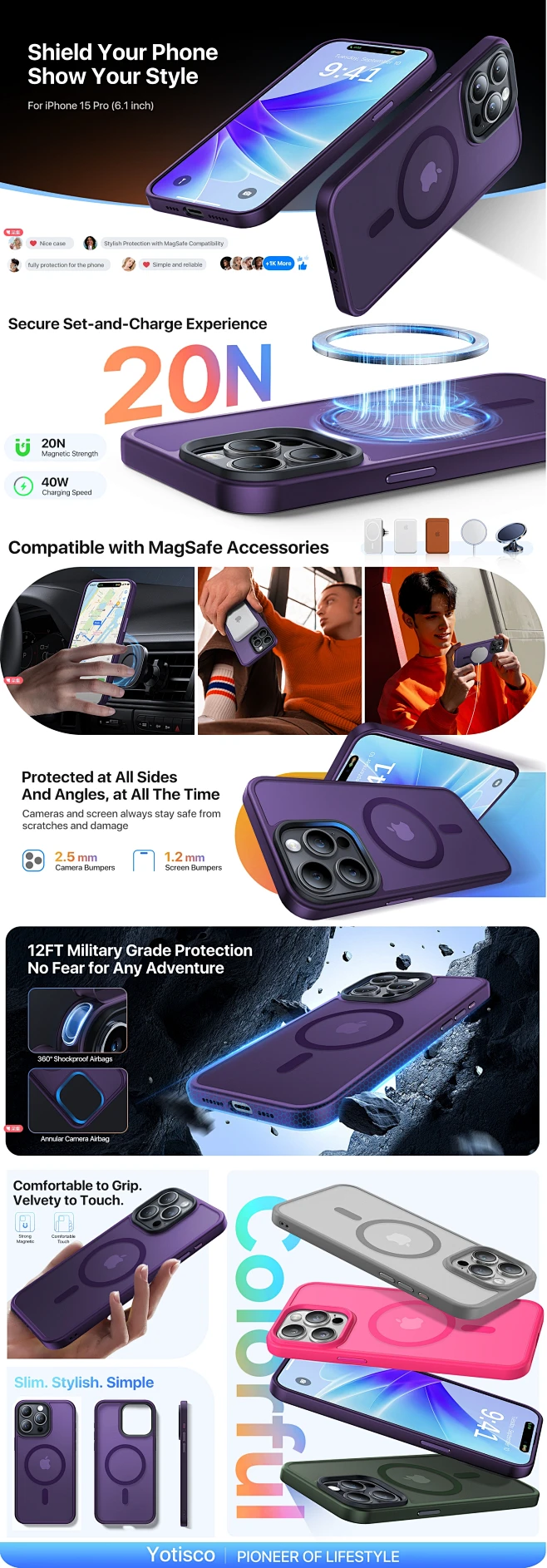 Amazon.com: yotisco Strong Magnetic for iPhone 15 Pro Case, [Military ...