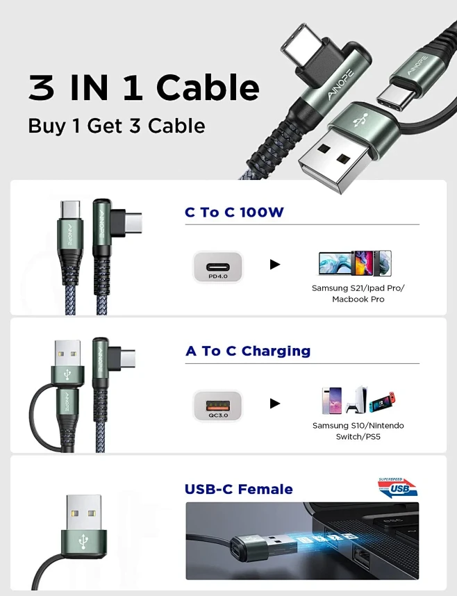 Amazon.com: AINOPE USB C Cable 100W 10FT 5A Type C Charger Cable Fast ...