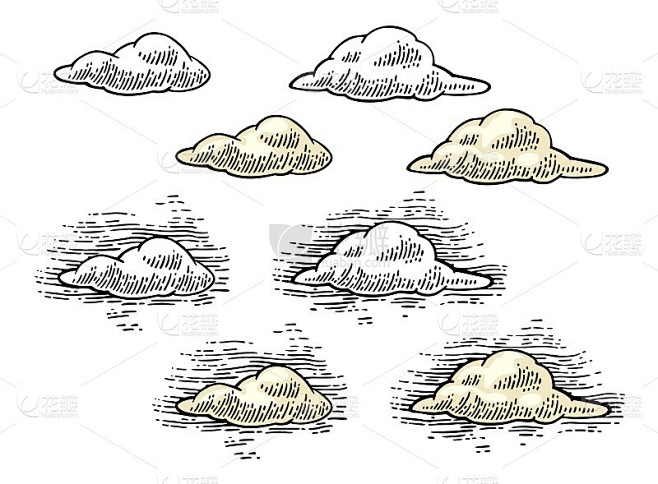 云的集合形式。矢量颜色和黑色手绘复古版画图片_其他图片图片素材-花瓣网