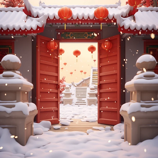 Cartoon blind box style, Spring Festival, simple Chinese gate, door ...