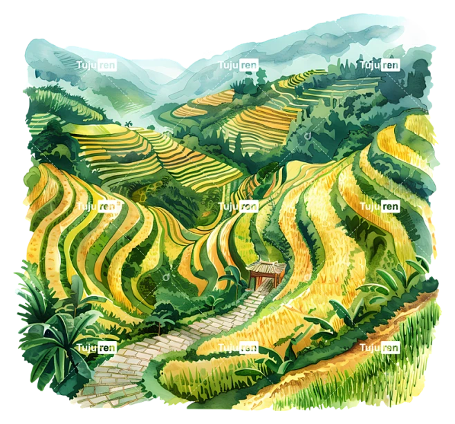 水稻梯田中国山水画稻田山脉水彩画-中国农村风景与稻田-花瓣网