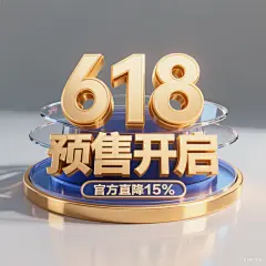 618预售，3D 渲染风格的图片，采用微仰正视构图，画面以纯灰色为背景，呈现超大且富有冲击力的 “618 预售开启” 3D 立体标题，以及副标题 “官方直降 15%”。-花瓣网
