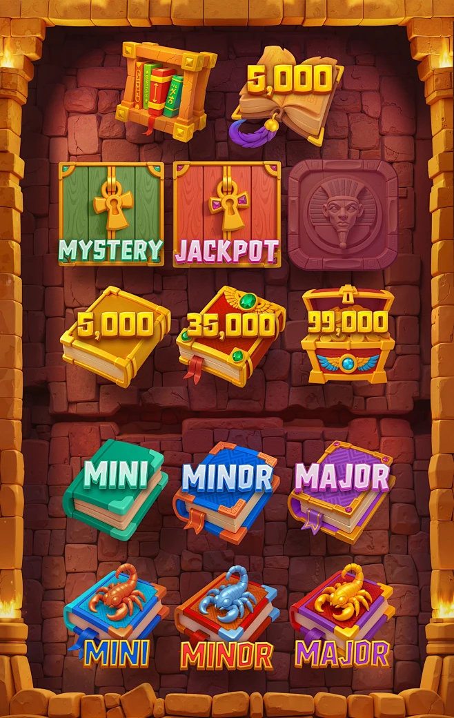 Egyptian slot game screen with golden books, treasure chest, jackpot ...