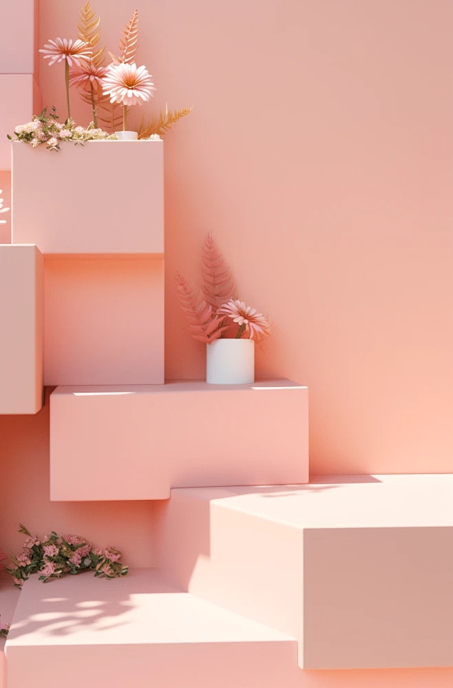 a pink backdrop with flower boxes beside an empty shelf, in the style ...