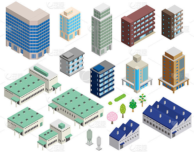 各种建筑的立体插图