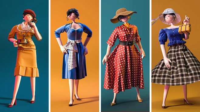 Retro girl : character 3d-花瓣网