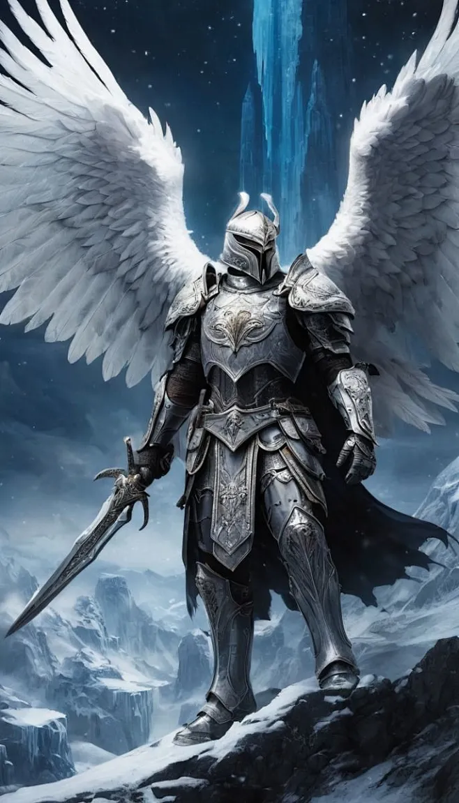a knight with wings standing on top of a snowy hill in front of an icy ...