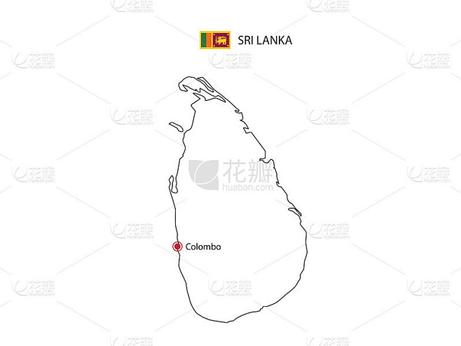 在白色背景上手绘斯里兰卡地图与首都科伦坡的黑色细线向量。