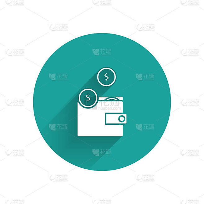 白色钱包与硬币图标孤立与长影子。钱包图标。现金储蓄的象征。绿色圆圈按钮。矢量图