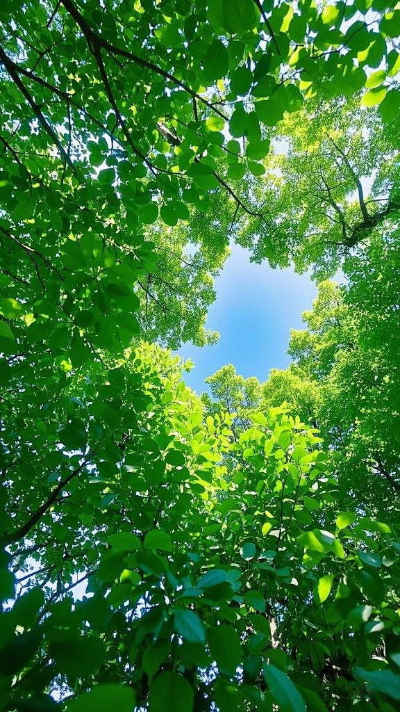 仰视图，从下往上看去，围绕一圈的绿色的巨大的树的绿色的树叶像一片绿色的海洋，阳光从树叶缝隙中倾泻而入，满眼鲜绿，超微距，细节描写，真实，极致 ...