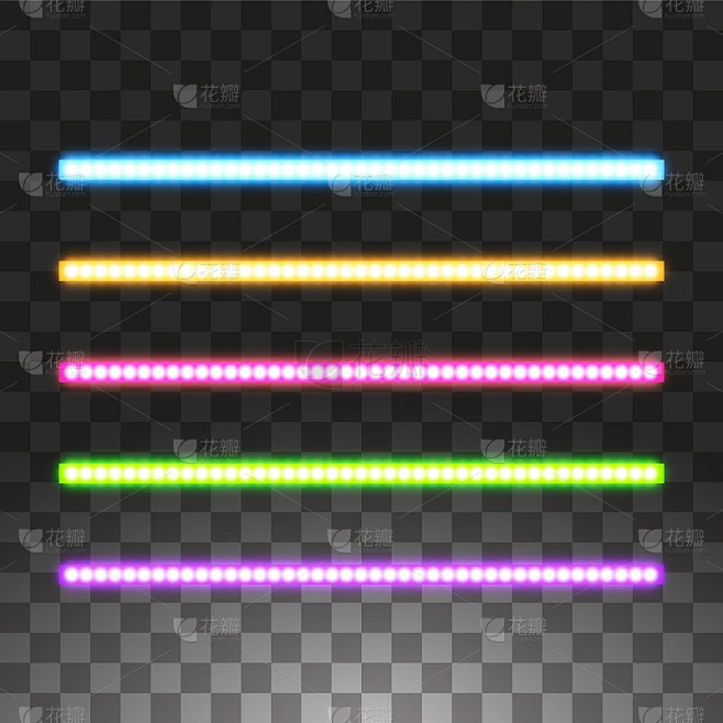 发光的led矢量条纹，霓虹灯在透明的背景，一套粉色，黄色，紫色，蓝色，绿色发光装饰带二极管生态灯的光素材-花瓣网