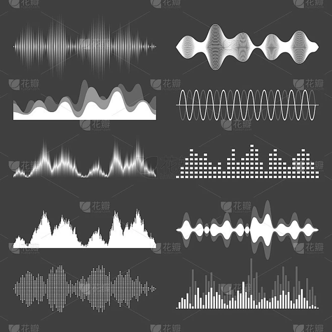 声波集合。模拟和数字音频信号。音乐均衡器。干扰录音。高频无线电波。矢量图素材-花瓣网