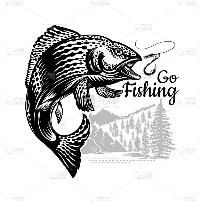 Salmon fish bend in engraving style on nature back素材-花瓣网