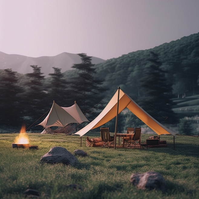 Tents，Camping in the wild，bright，background，Long Shot(LS)，Three-point ...
