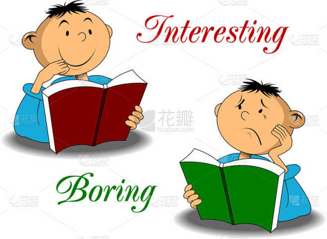 两个男孩在看书。有趣的书和没意思的书