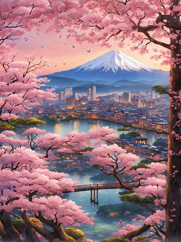 japan-pink-sky-mount-fuji-characteristic-buildings-cherry-blossoms ...