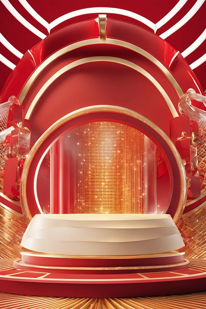 @山卡拉叔叔 电商展台海报C4D设计图片_新年年货节红色图片素材-花瓣网