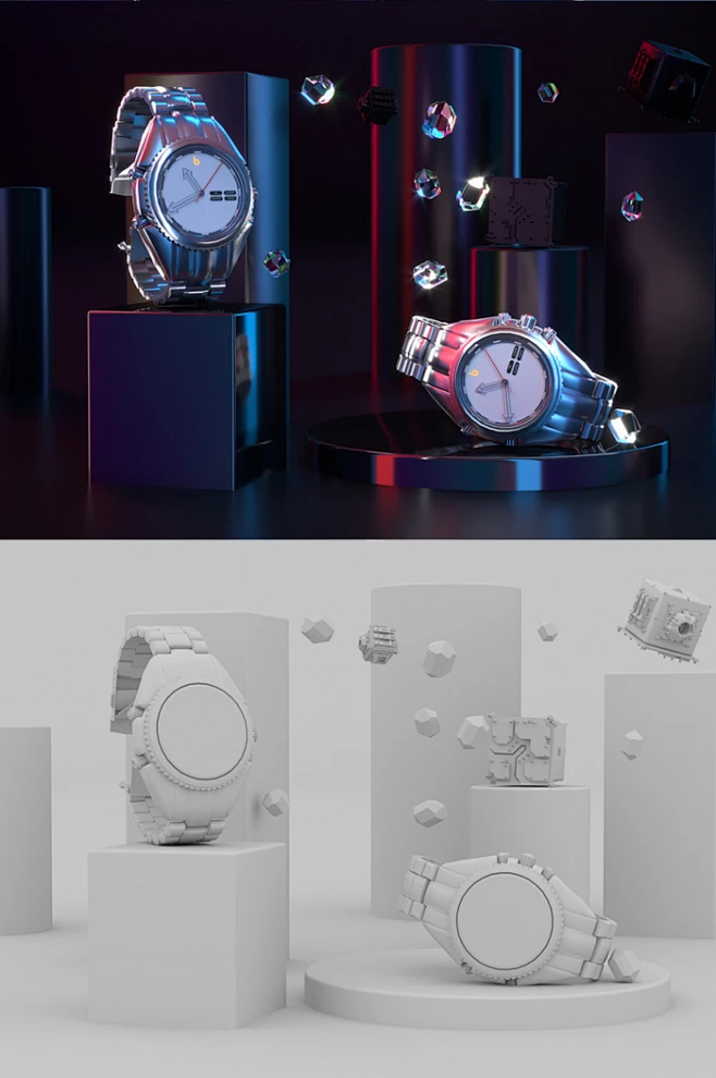 红蓝色调手表场景CR渲染C4D模型-花瓣网