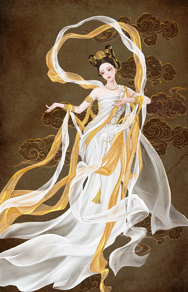 寒汀作品 古风美女手绘 飞天 绝色佳人 插画漫画