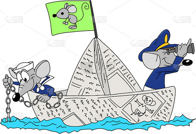 Two cartoon mice sailing together on a paper boat