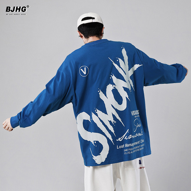 BJHG 春季字母印花长袖T恤男生国潮高街宽松休闲嘻哈圆领情侣卫衣-淘宝网