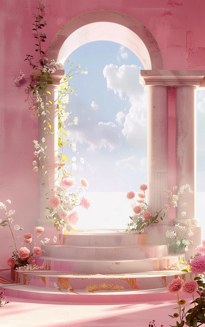 fairytale scene background, pillars and flowers, in the style of kitsch ...
