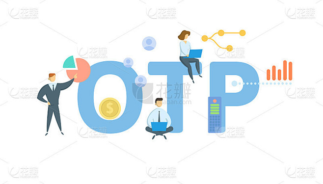 OTP，一次性密码。概念与关键字，人和图标。平面向量插图。孤立在白色的。