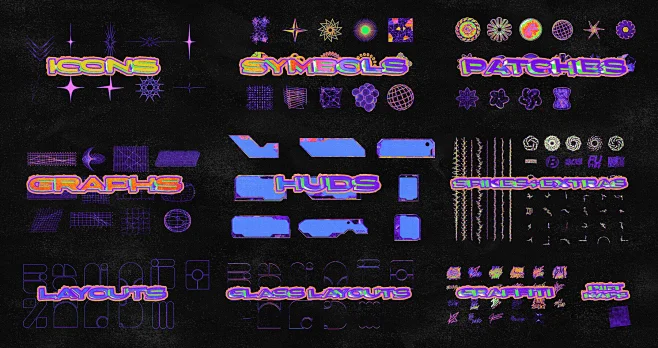 潮流未来派酸性艺术赛博朋克涂鸦线条科技HUD界面粗糙纹理素材合辑 3D GRAPHIC PACK_01-花瓣网