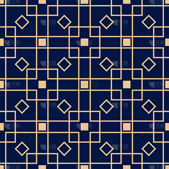 Geometric square print. Golden pattern on dark blu