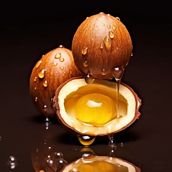 leqee_sh001_Two_macadamia_nuts_wrapped_in_yellow_oil_droplets_l ...