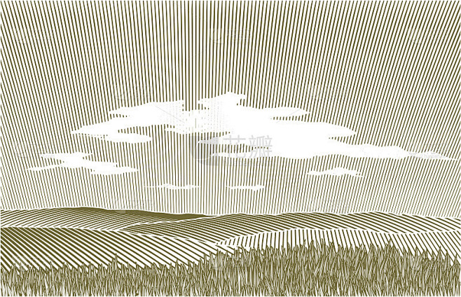 有山、草和云的木刻版画