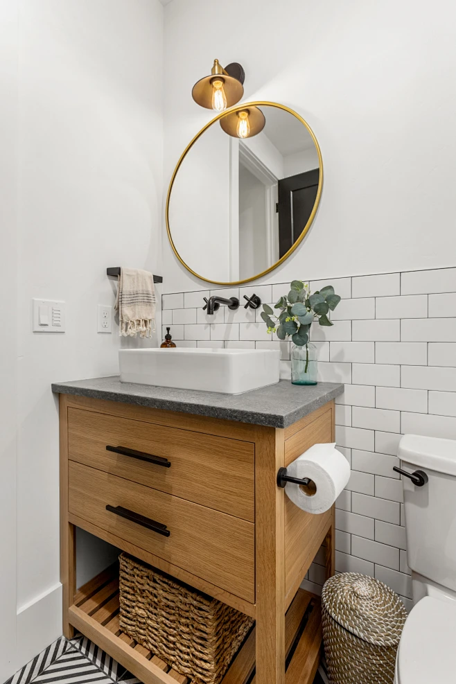 Example of a small white tile and subway tile porcelain tile powder ...