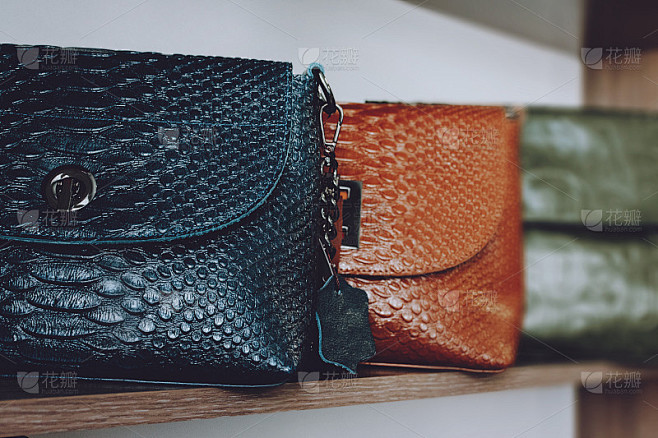 时尚潮流蛇皮蟒蛇印花手袋在商店的货架上，商店。秋季，秋季促销，潮流，购物，配饰概念。