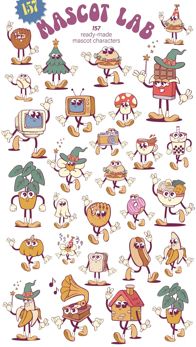 Mascot Creation Kit Bundle, Retro Groovy Mascot Characters Creato-花瓣网