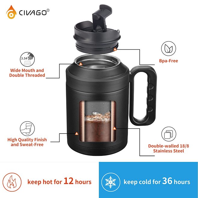 Amazon.com | CIVAGO 50 oz Insulated Tumbler Mug with Lid and Straw ...