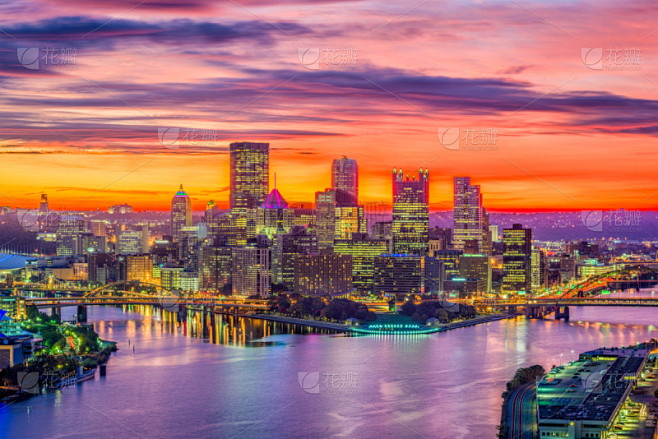 匹兹堡,美国,城市天际线,宾夕法尼亚,美国中大西洋地区,水平画幅,夜晚,无人,曙暮光,户外