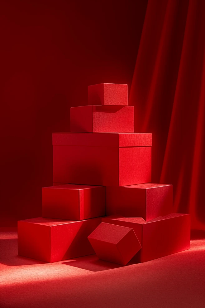 red boxes stacked one on top of the other with a light shining through ...