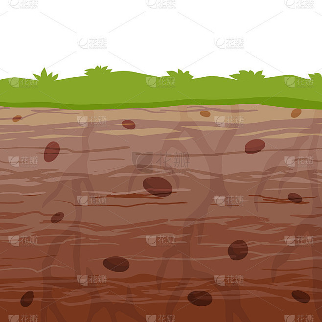 降落在剖面上。地下的背景。地质层。考古的风景。棕色的地面。泥土和绿草。矢量动画