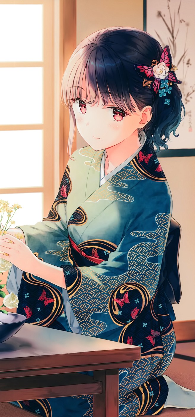 Hiten 二次元少女 动漫壁纸 和服 插花