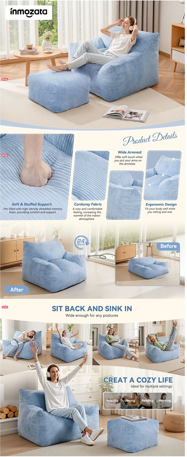 Amazon.com: INMOZATA Bean Bag Chair for Adults, 3FT Beanbag Chairs with ...