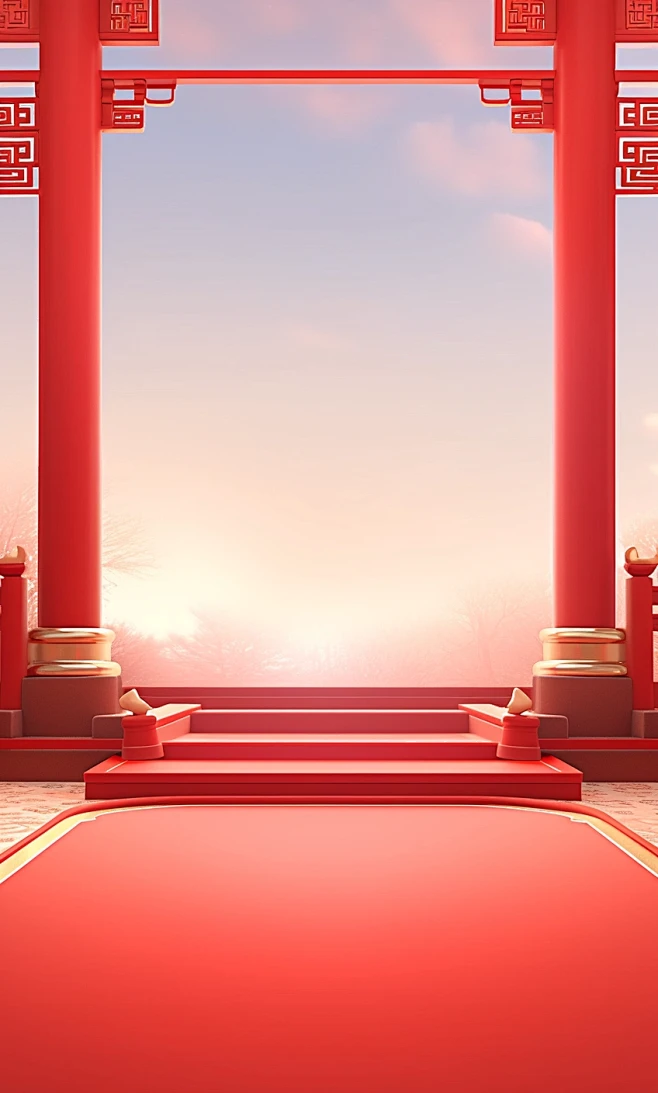 Red floor background with golden frame and chinese temple, in the style ...
