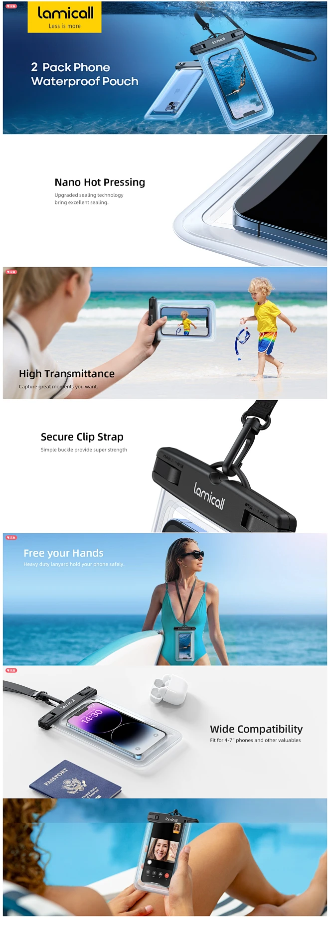 Amazon.com: Lamicall 防水手机袋 - [2 件装][易锁和重型] IPX8 防水手机干燥袋适用于海滩,iPhone保护套,4-7 英寸设备,干燥袋沙滩旅行必备品, 透明 ...