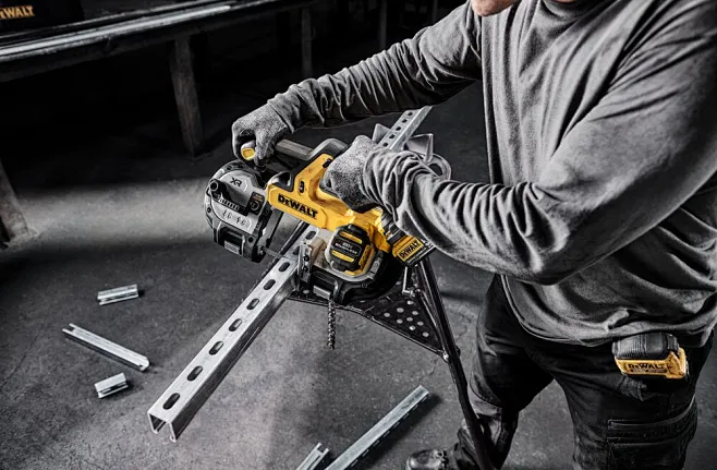 DEWALT Single Trigger Bandsaw is used to cut strut from a pipe stand in ...