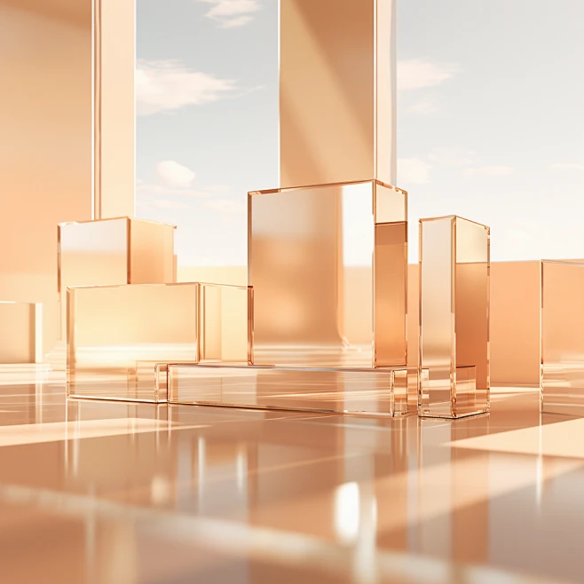 Light gold background, glass booth, ray tracing, soft, dreamy landscape ...