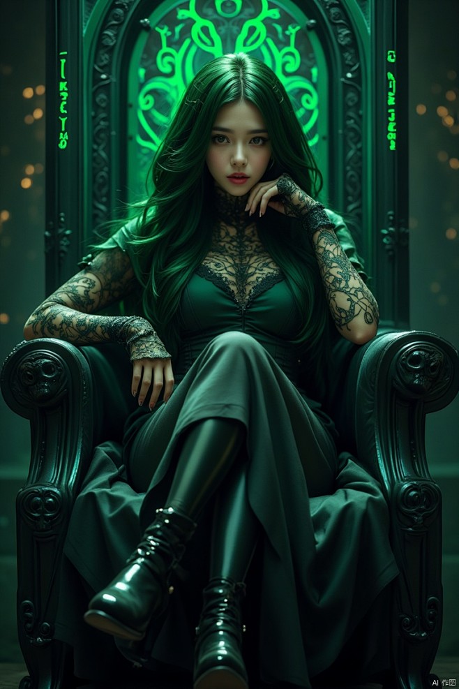 Photorealistic close-up of a gothic queen with long, flowing green hair ...