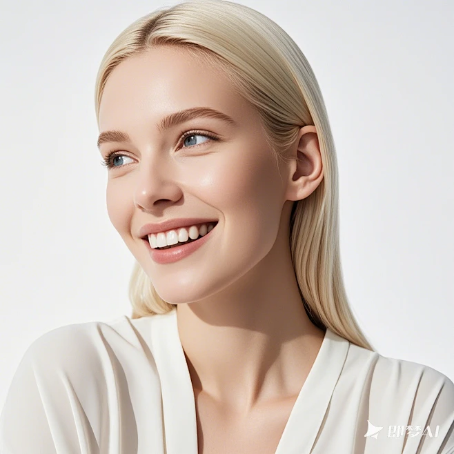 白色干净背景，背景不要光线，一位女士，欧美长相，金色头发，微笑向左边看 (1)-gigapixel-花瓣网